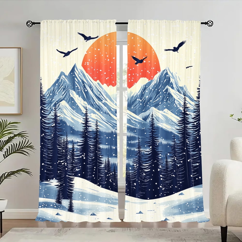 2Pcs Blue Snow Mountain Curtain Blue Lake And Sunrise Curtains For ...