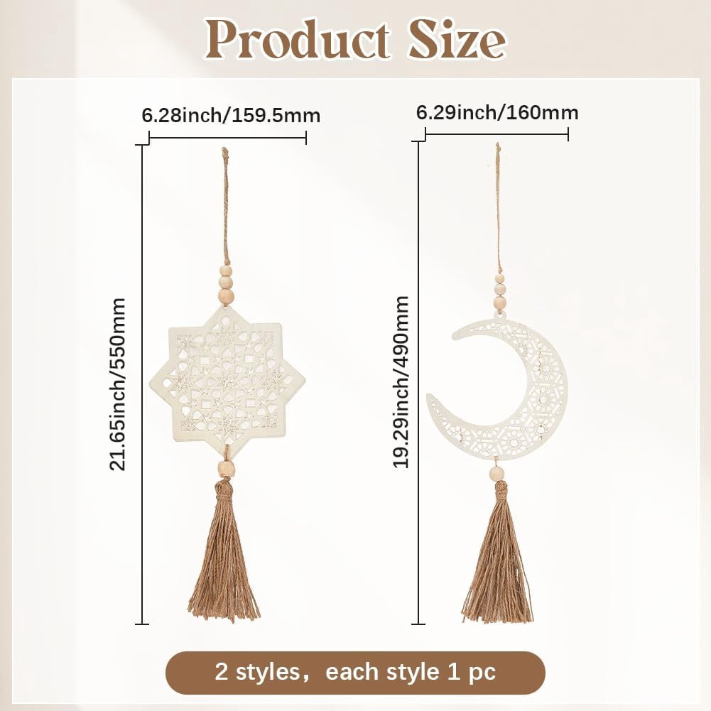 2Pcs Boho Macrame Wall Decor Hollow Wooden Moon Flower Tassels with ...