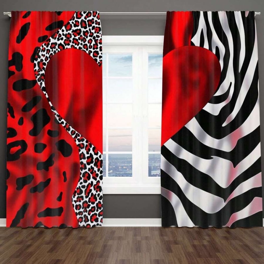 2Pcs Bold Red Heart Leopard & Zebra Print Curtain Set, Satin-Like ...