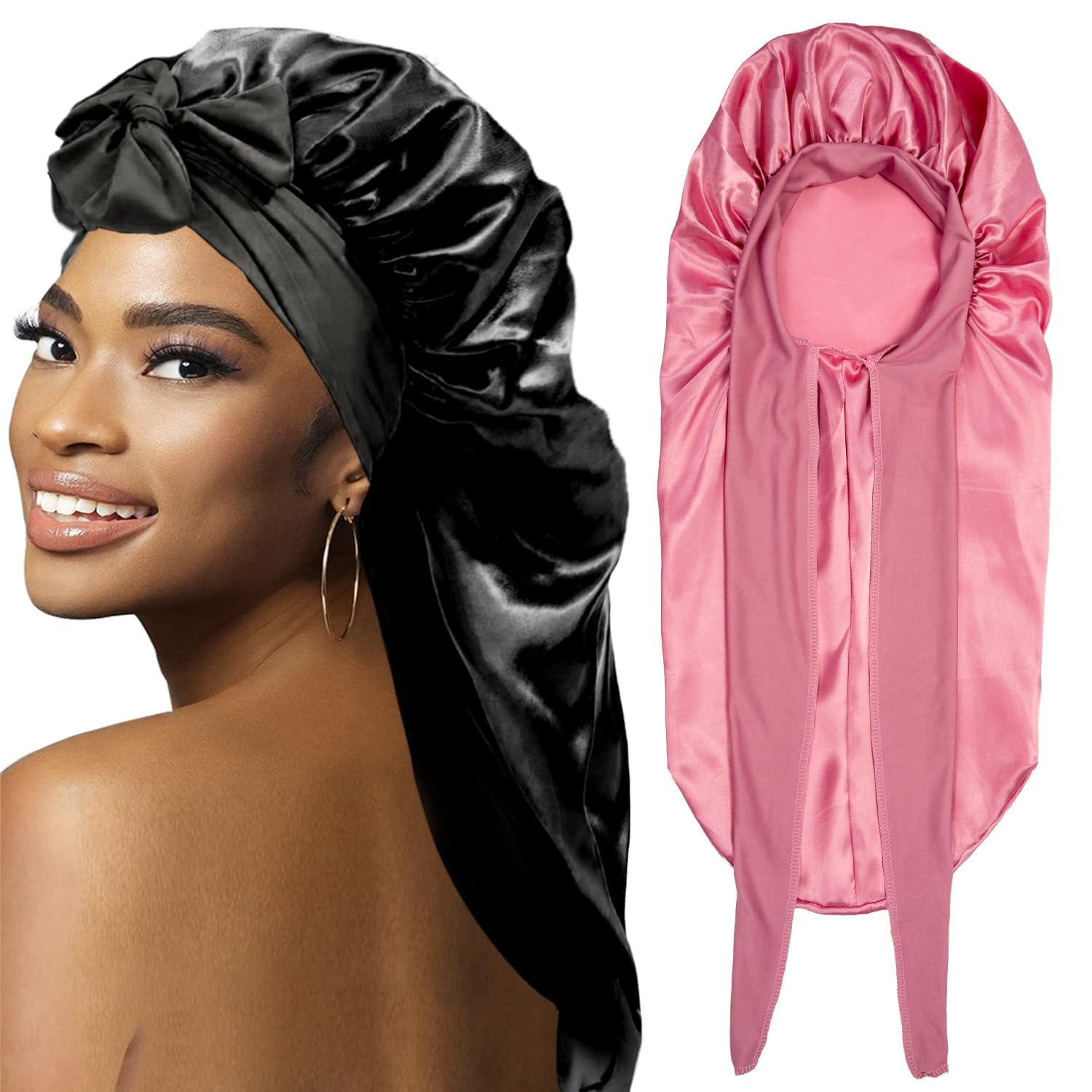 2Pcs Bonnets for Black Women Braid Bonnet, Large Long Satin Bonnet for ...