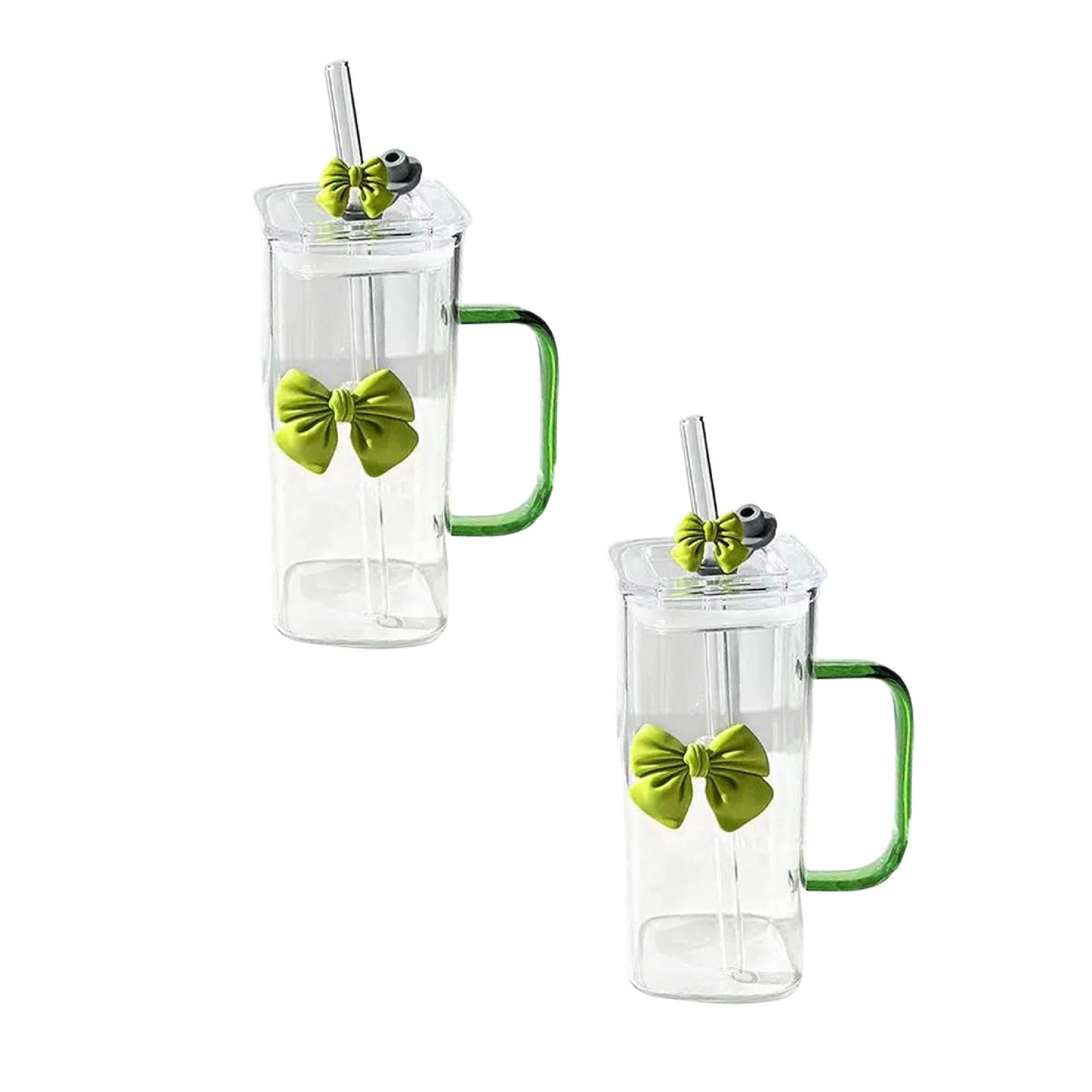 2Pcs Bow Shaped Square Transparent Glass Cup With Lid Handle Suitable ...