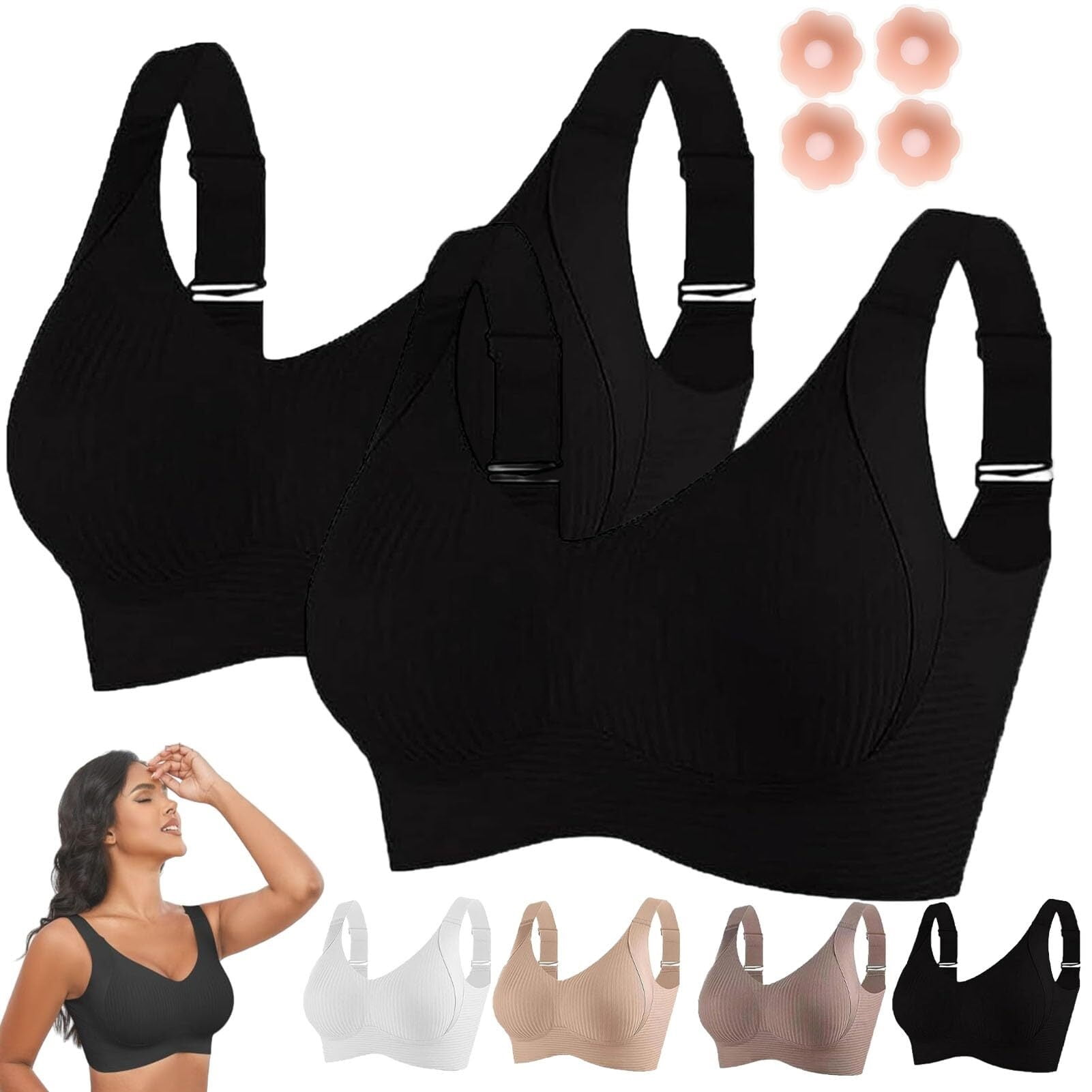 2Pcs Brasieres, Women's Solid Color Four Rows Adjustable Wireless Bra ...