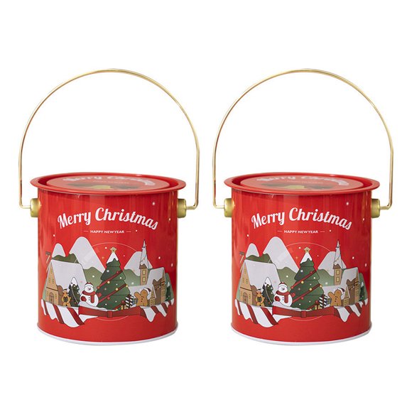 2Pcs Candy Boxes with Carry Handle Christmas Round Bucket Tinplate ...
