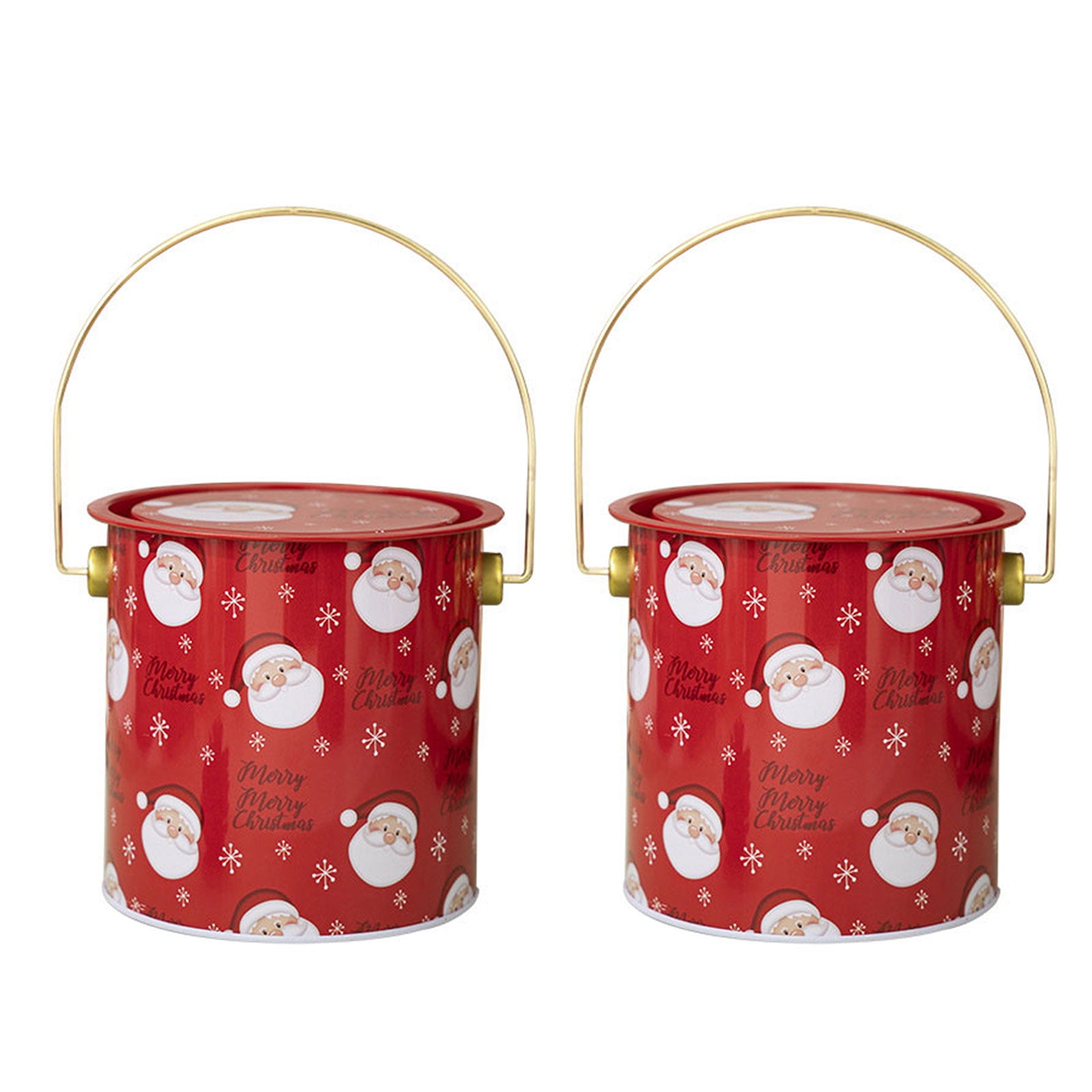 2Pcs Candy Boxes with Carry Handle Christmas Round Bucket Tinplate ...