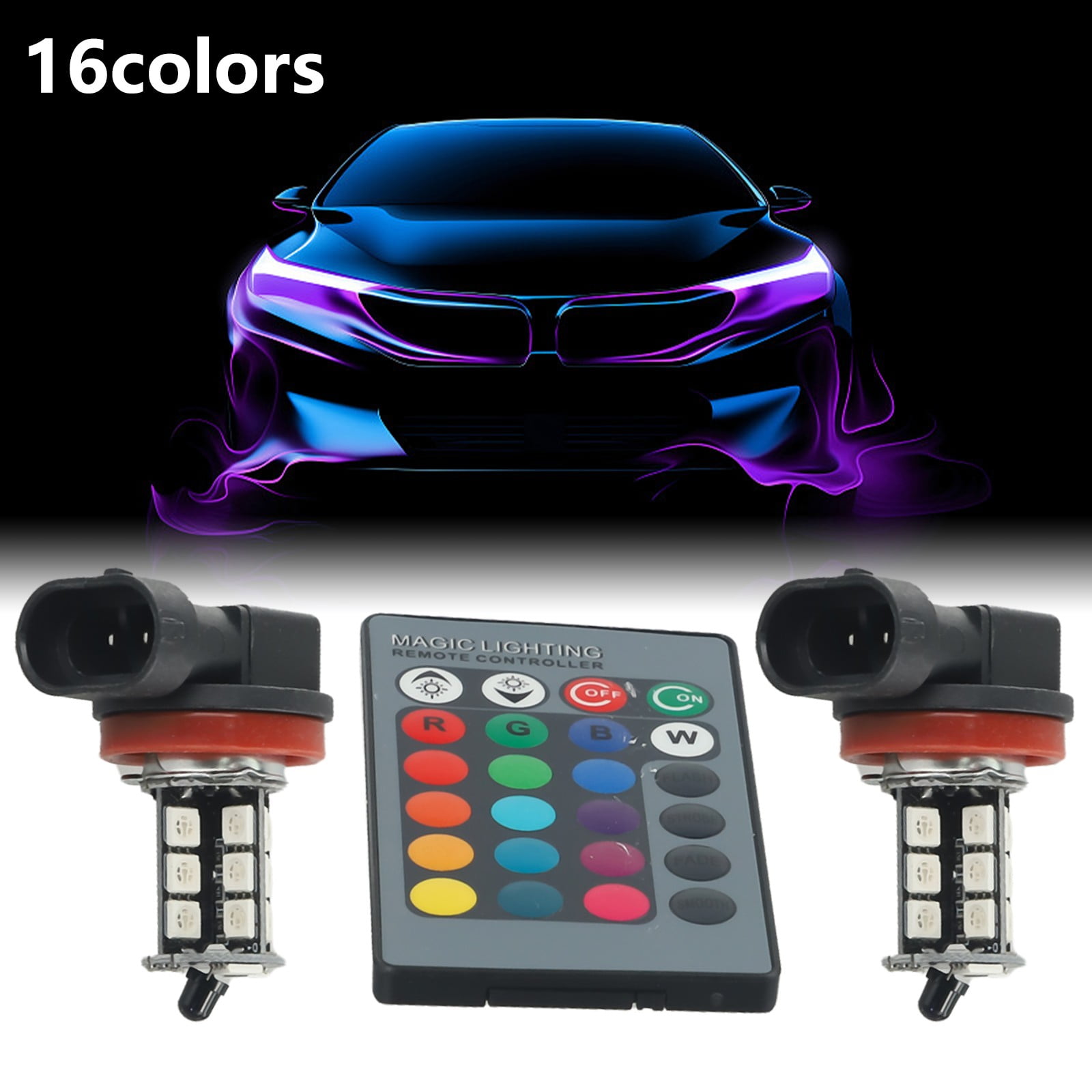 2Pcs Car Fog Light Bulbs H11 / H9 / H8 27Smd 5050 Multicolor Rgb Led Automobiles Headlights ...