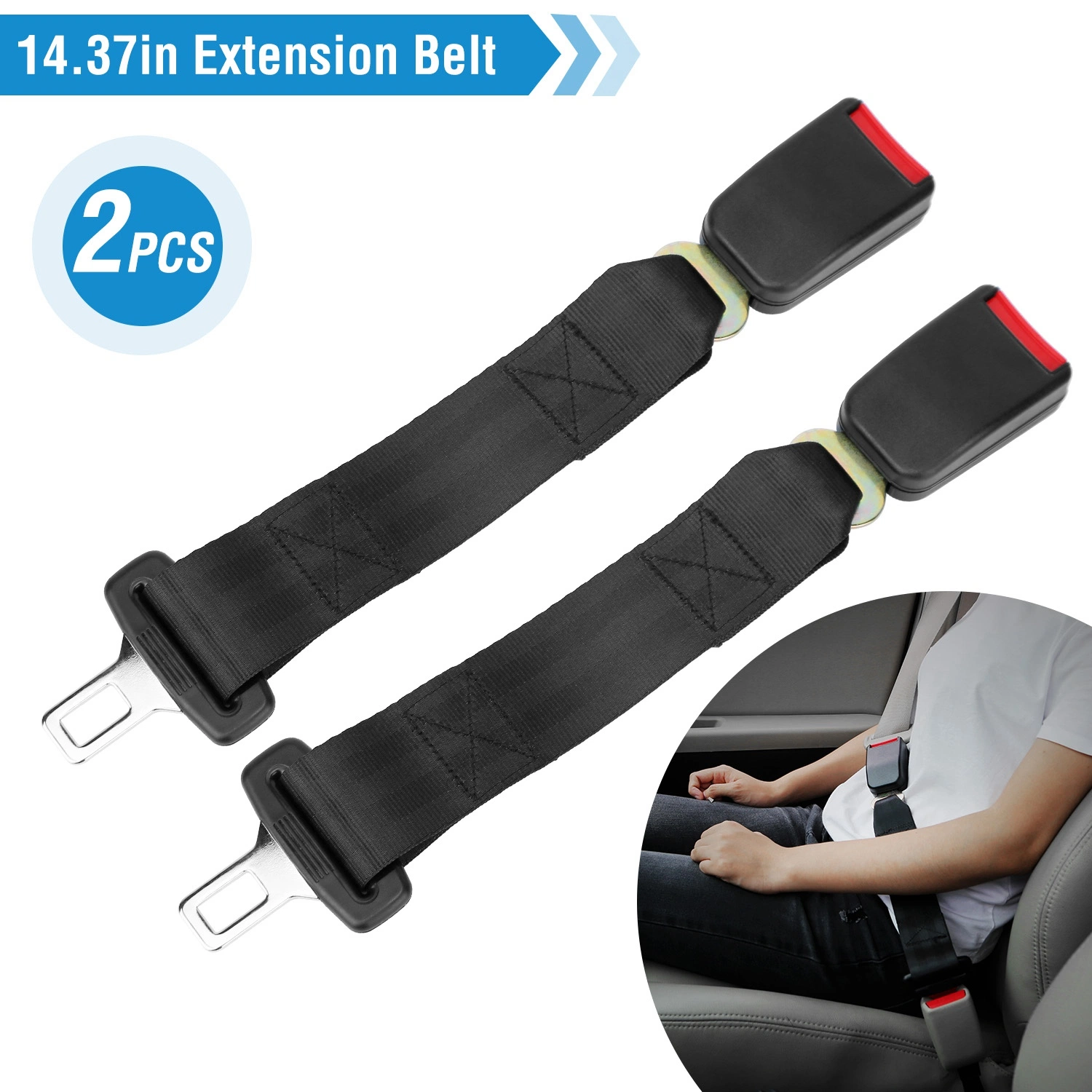 2Pcs Car Seat Belt Extender 14.37in Buckle Tongue Webbing Extension ...