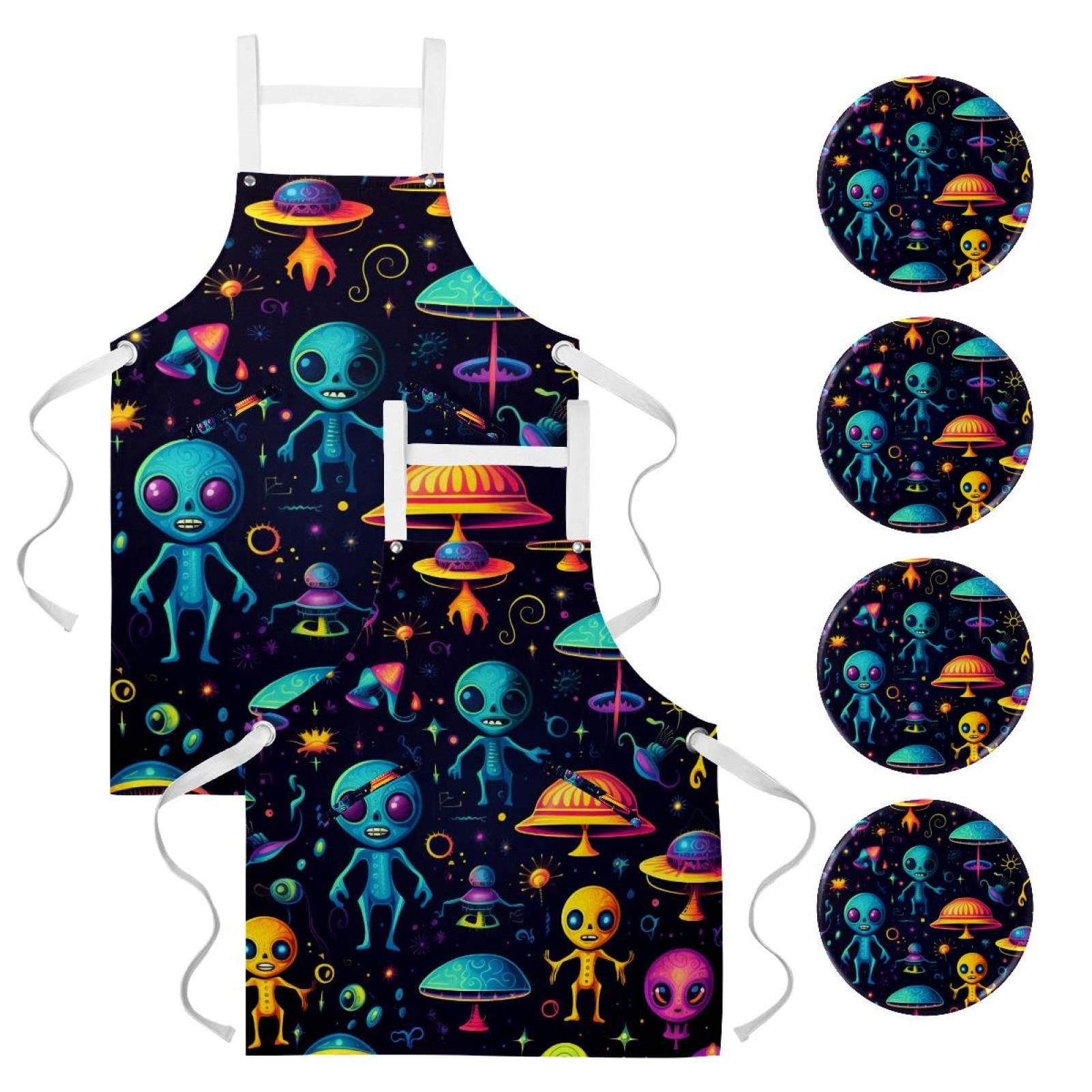 2Pcs Cartoon Green Alien Versatile Aprons Set - Kitchen, Baking,Cooking ...