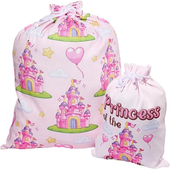 2Pcs Castle Party Gift Bags Drawstring Present Bag Reusable Fabric Pink ...