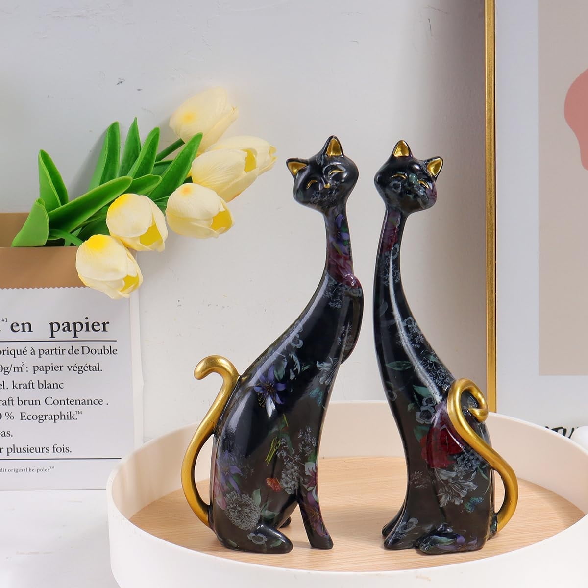 2Pcs Cat Statue,Creative Peony Flower Cat Figurine Resin Home Decor ...