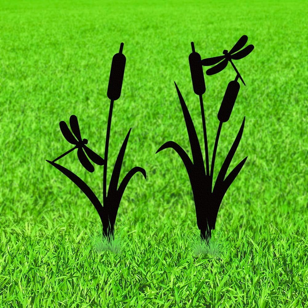 2Pcs Cattail Reeds & Dragonfly Metal Decorative Garden Stakes Black ...