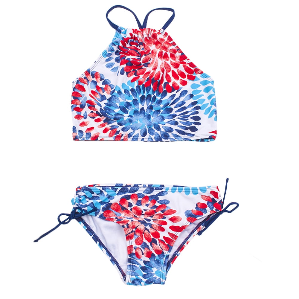 2Pcs Children Summer Chinlon Swimwear, Floral Hanging-Neck Backless ...