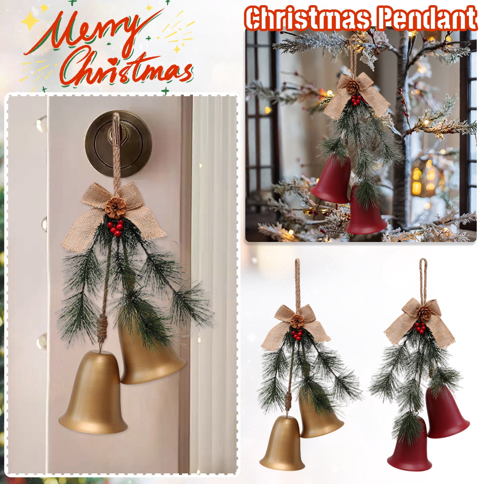 2Pcs Christmas Bell Hanging Ornaments, 19.68Inch Large Rustic Metal ...