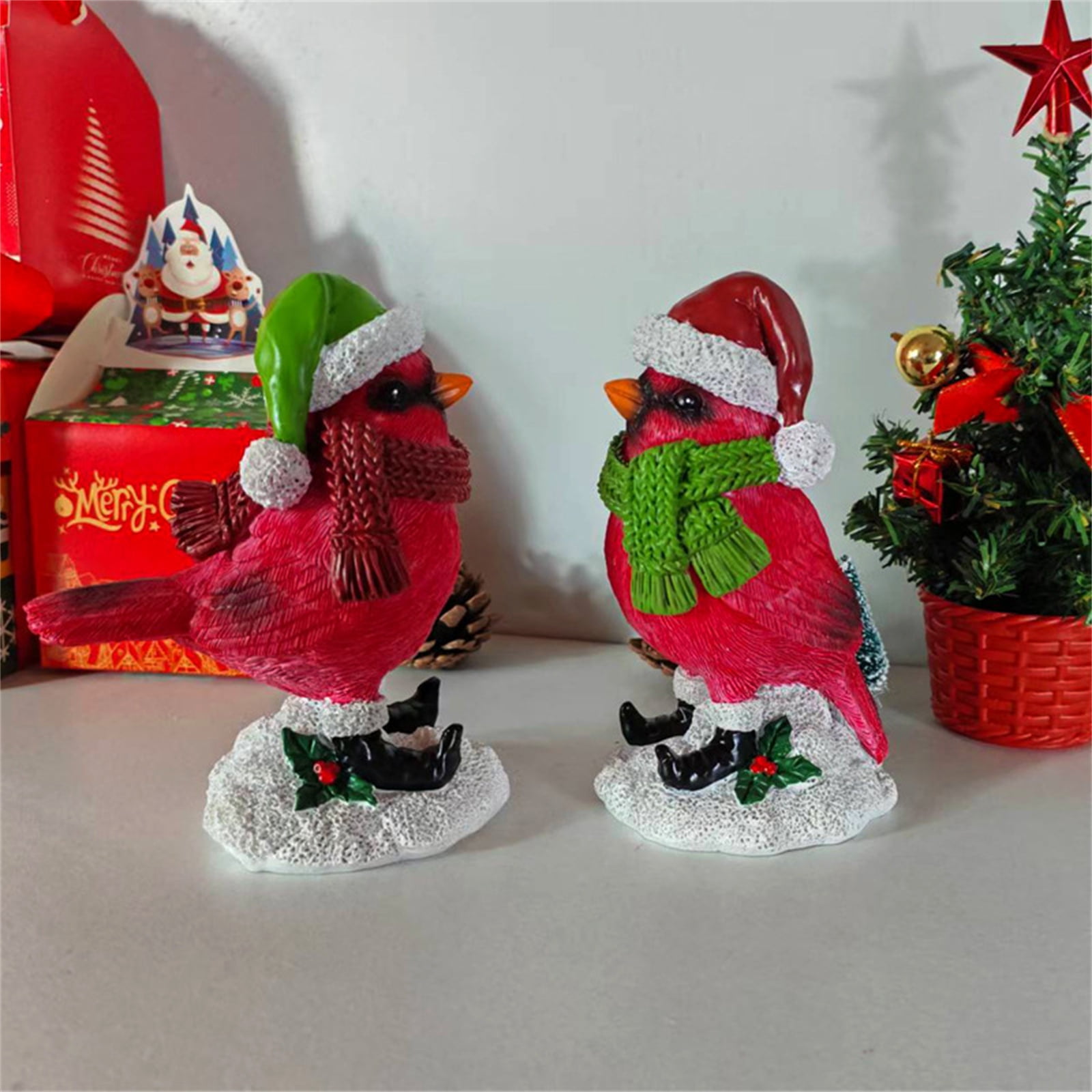 2Pcs Christmas Cardinal Statue with Santa Hat,Christmas Red Cardinal ...