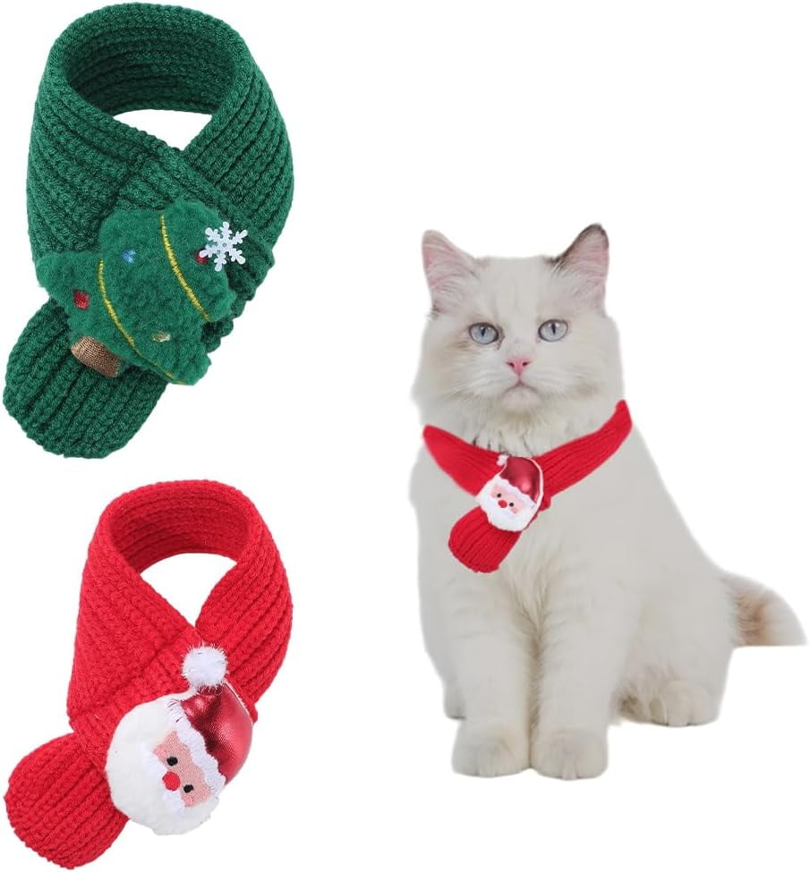 2Pcs Christmas Cat Bandana Scarf Red Green Knitted Warm Collar Winter ...