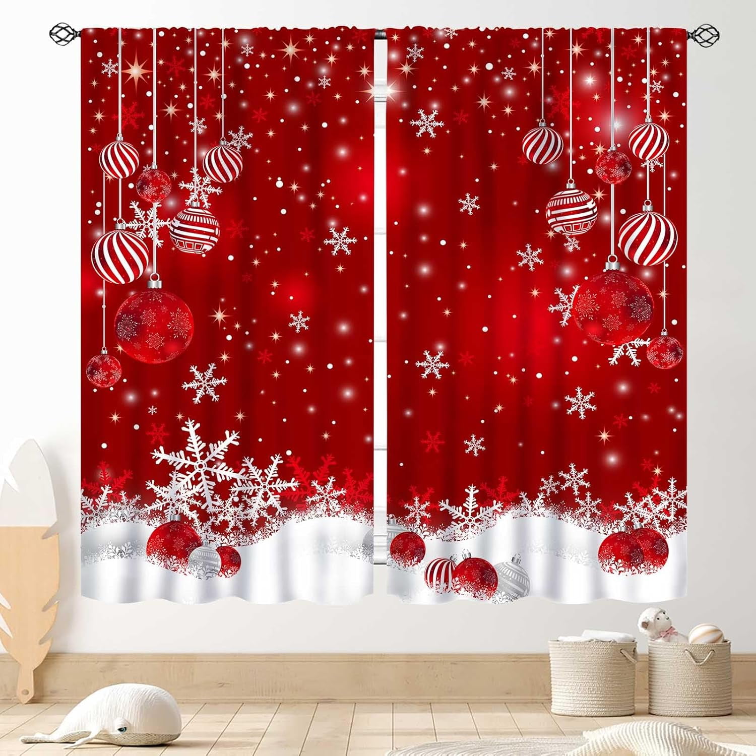 2Pcs Christmas Tree Window Curtains, Xmas New Year Winter Snow Forest ...