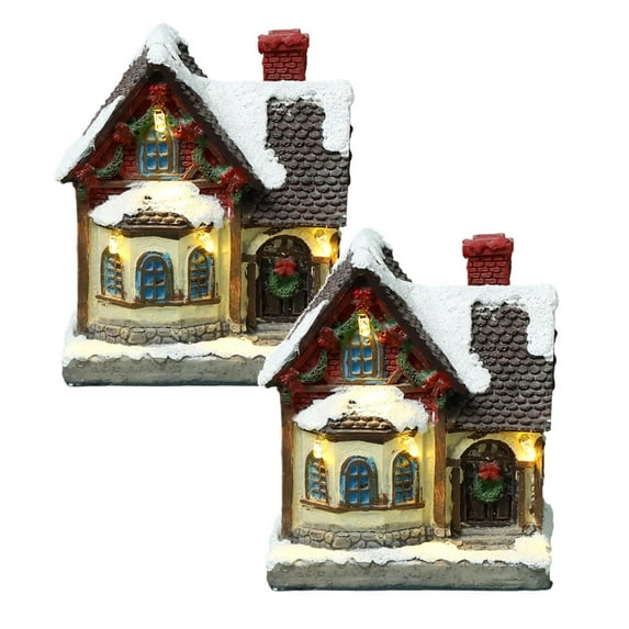2Pcs Christmas Village Desktop Ornament With Warm LED Light Battery ...