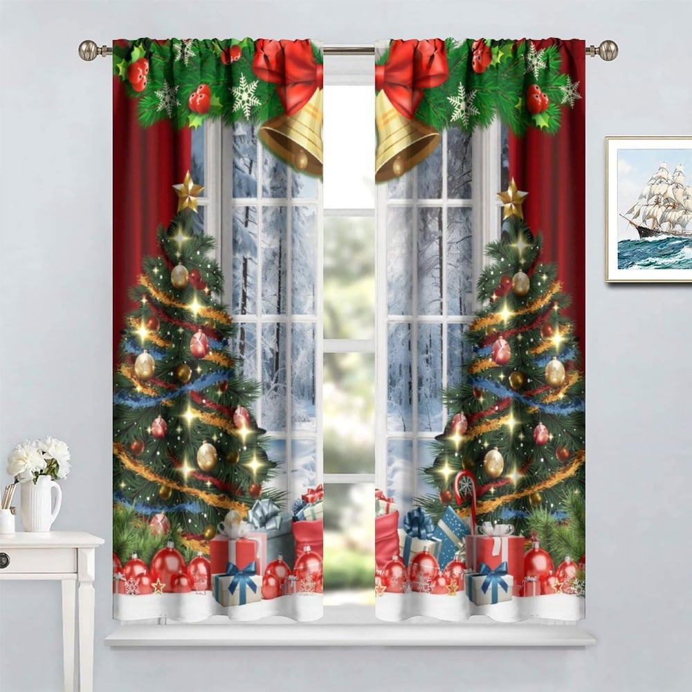 2Pcs Christmas Window Curtains, Colorful Ornaments and Snowy Winter ...