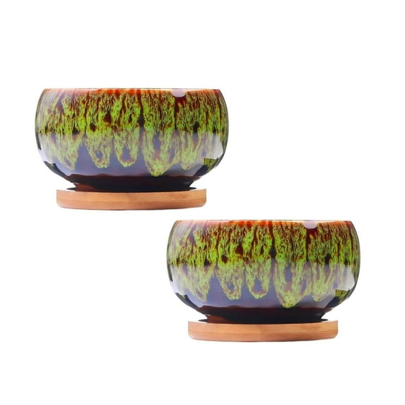 2Pcs Circular Glazed Ceramic Pottery Planter Set Unique窑变Color Blend ...