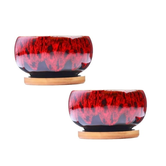 2Pcs Circular Glazed Ceramic Pottery Planter Set Unique窑变Color Blend ...