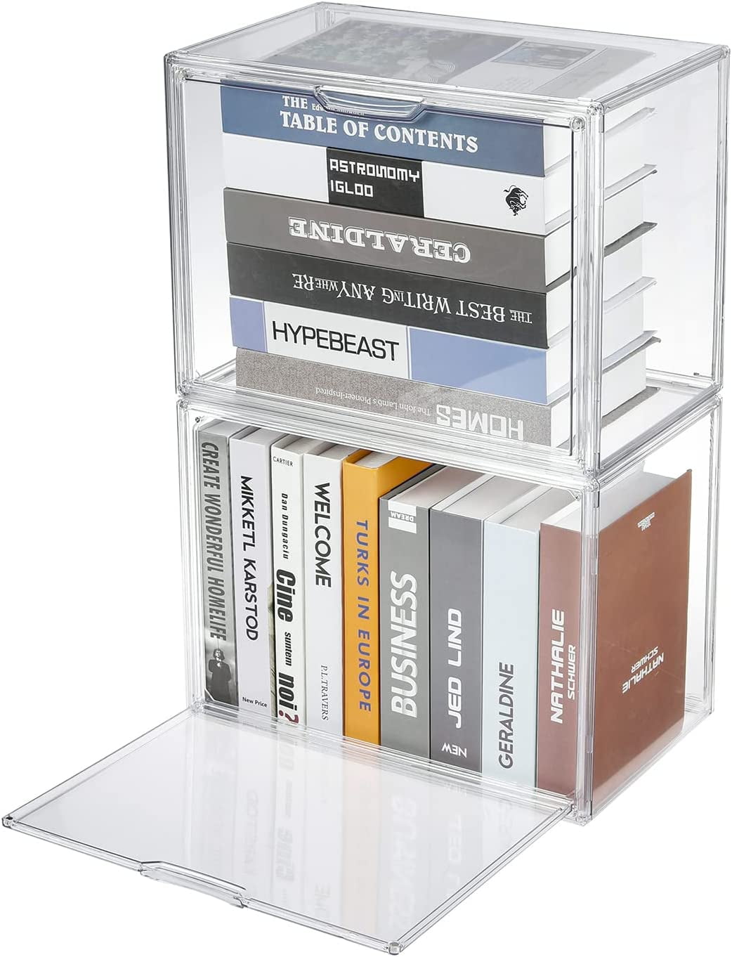 2Pcs Clear Book Storage Organizer Box, Plastic Stackable Book Display ...