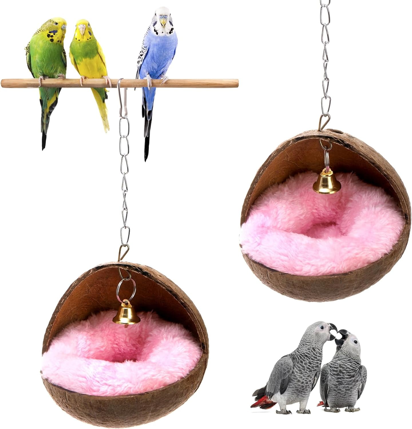 2Pcs Coconut Bird Nest, Parrot Coco House with Warm Mat, Bird Cage ...
