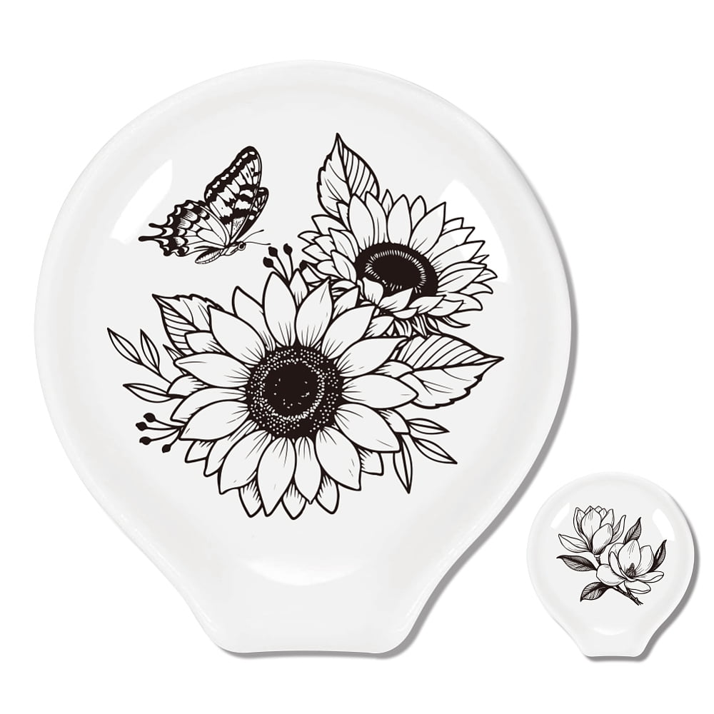 2Pcs Coffee Ceramic Spoon Rest Flower Pattern 3.34"x3.54" Cute Spoon ...