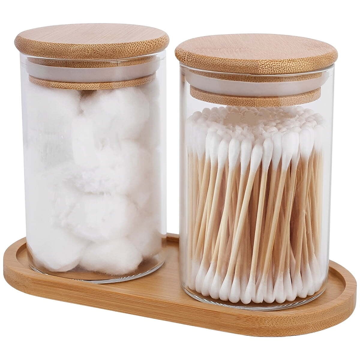 2Pcs Cotton Swab Holder with Bamboo Lid Tray 10 Oz Cotton Ball ...