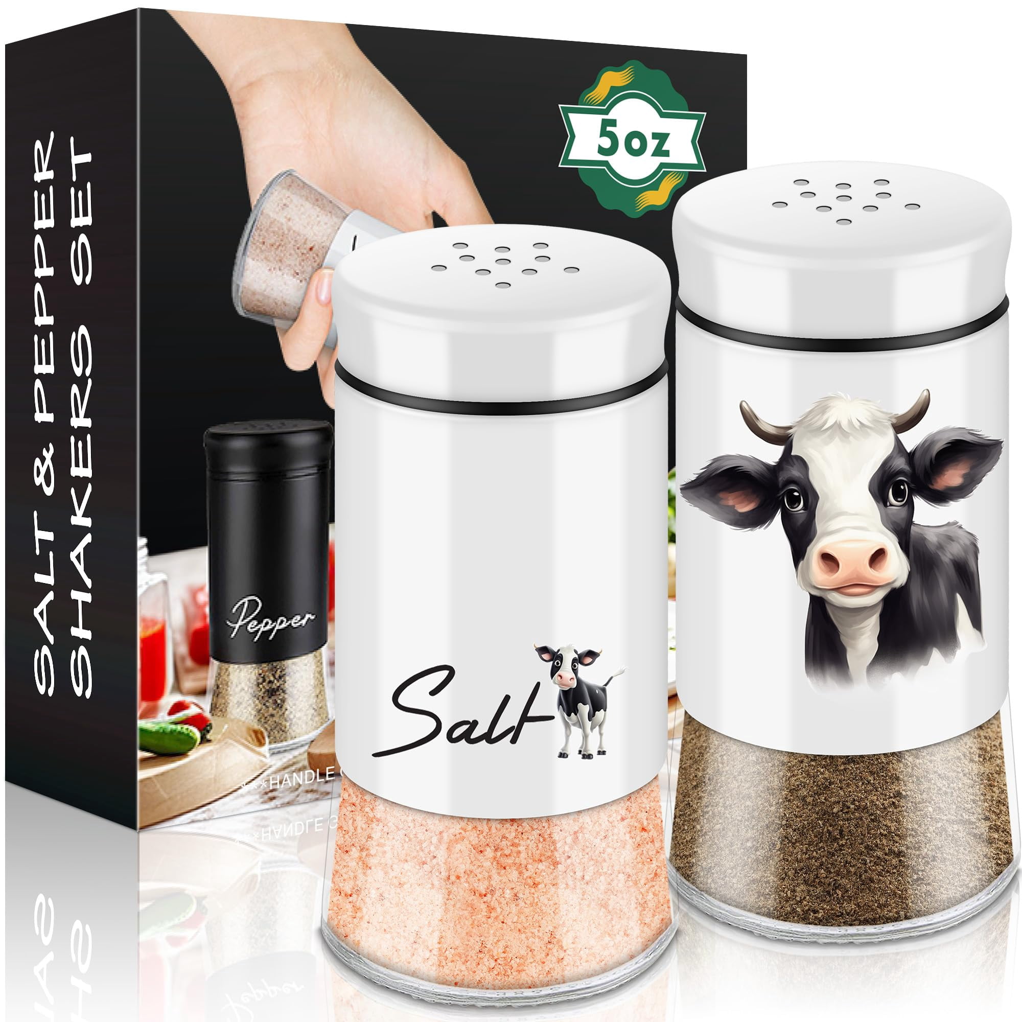 2Pcs Cow Salt and Pepper Shakers Set,5 oz Glass Bottom Salt Pepper ...