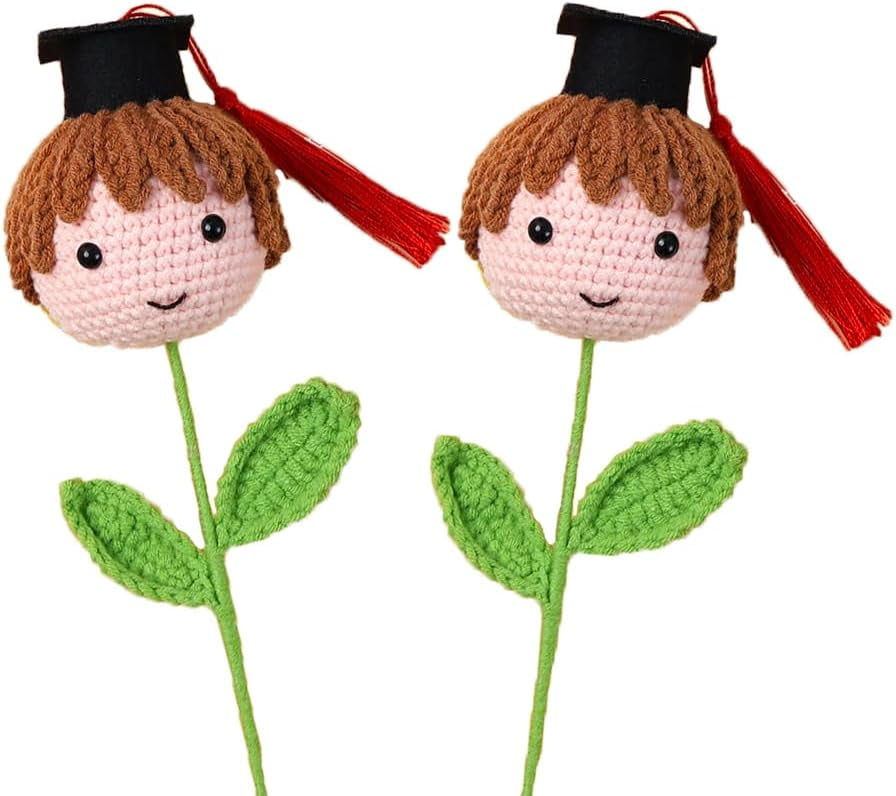 2Pcs Crochet Graduation Theme Bouquet Picks Knitted Artificial Flower ...