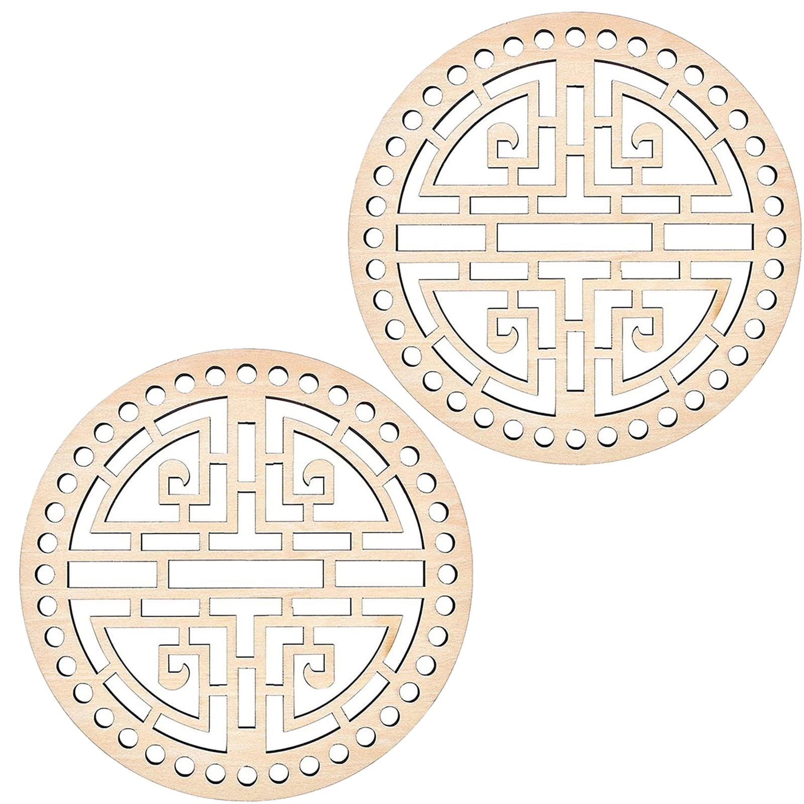 2Pcs Crochet Wood Bases Unpainted Floral Pattern Round Hollow Knitting ...