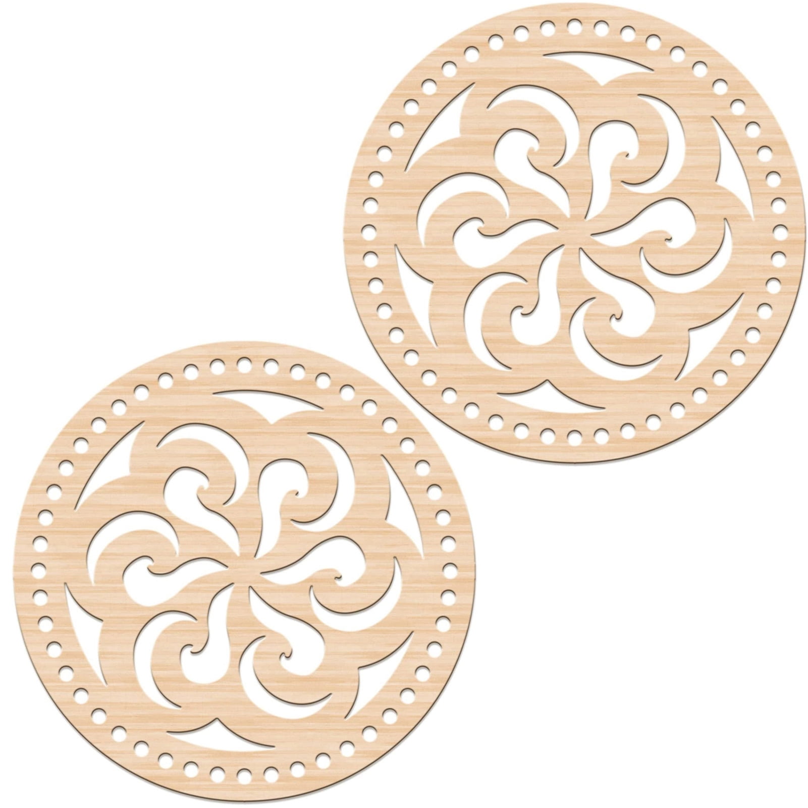 2Pcs Crochet Wood Bases Unpainted Floral Pattern Round Hollow Knitting ...