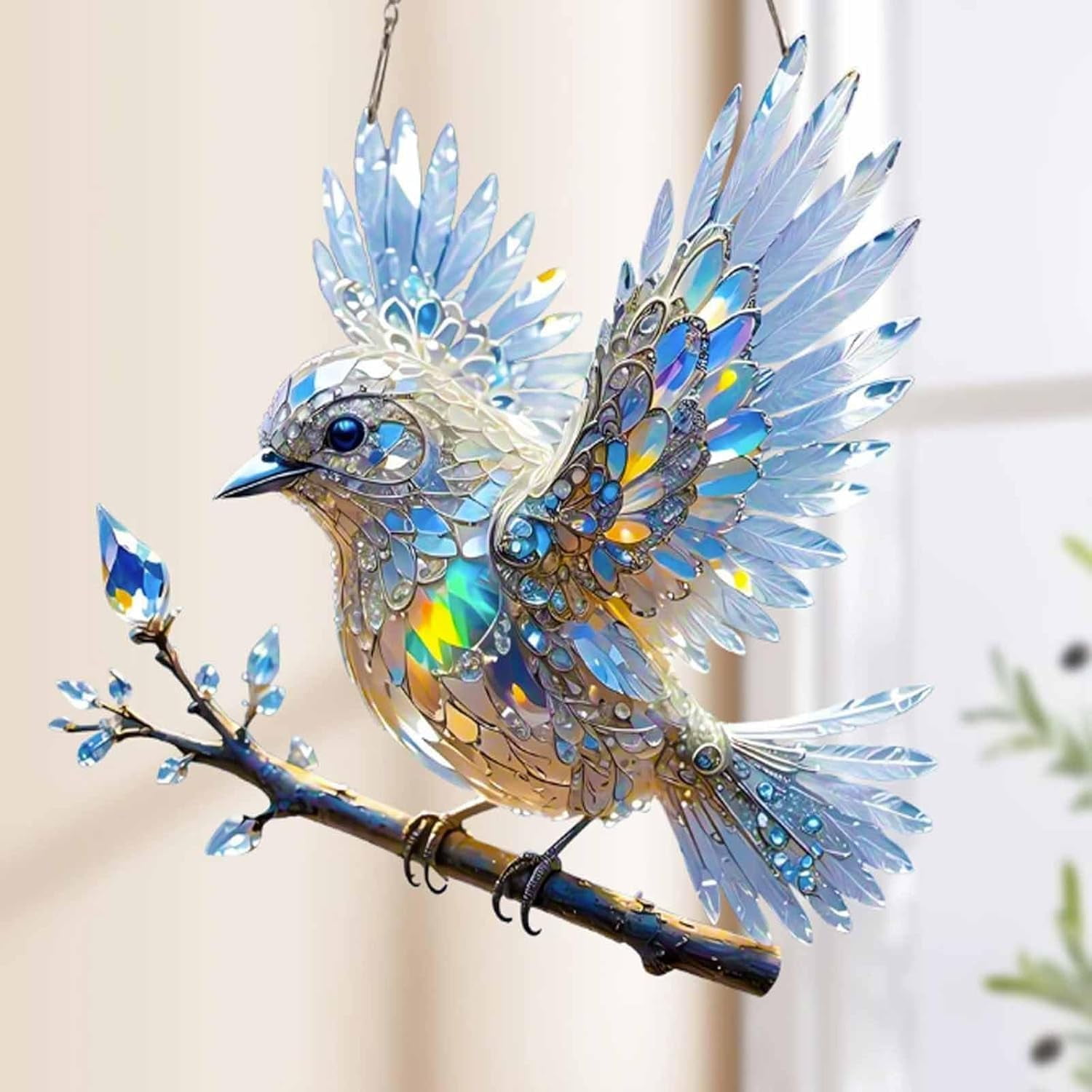 2Pcs Crystal Sky Bluebird Stained Art Ornament 6", Radiant Bird Design ...