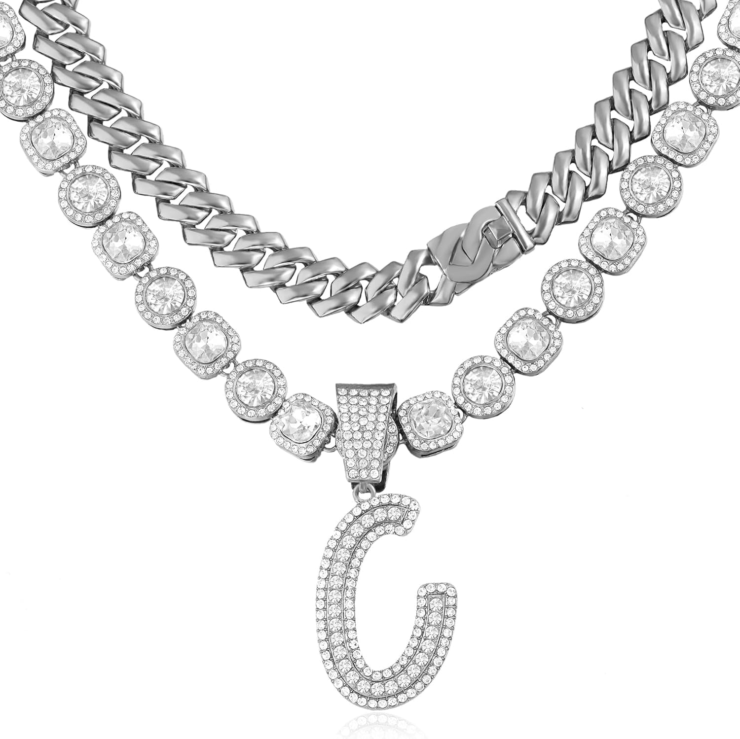 2Pcs Cuban Link Chain For Women Cursive Silver Initial Necklace Cuban ...