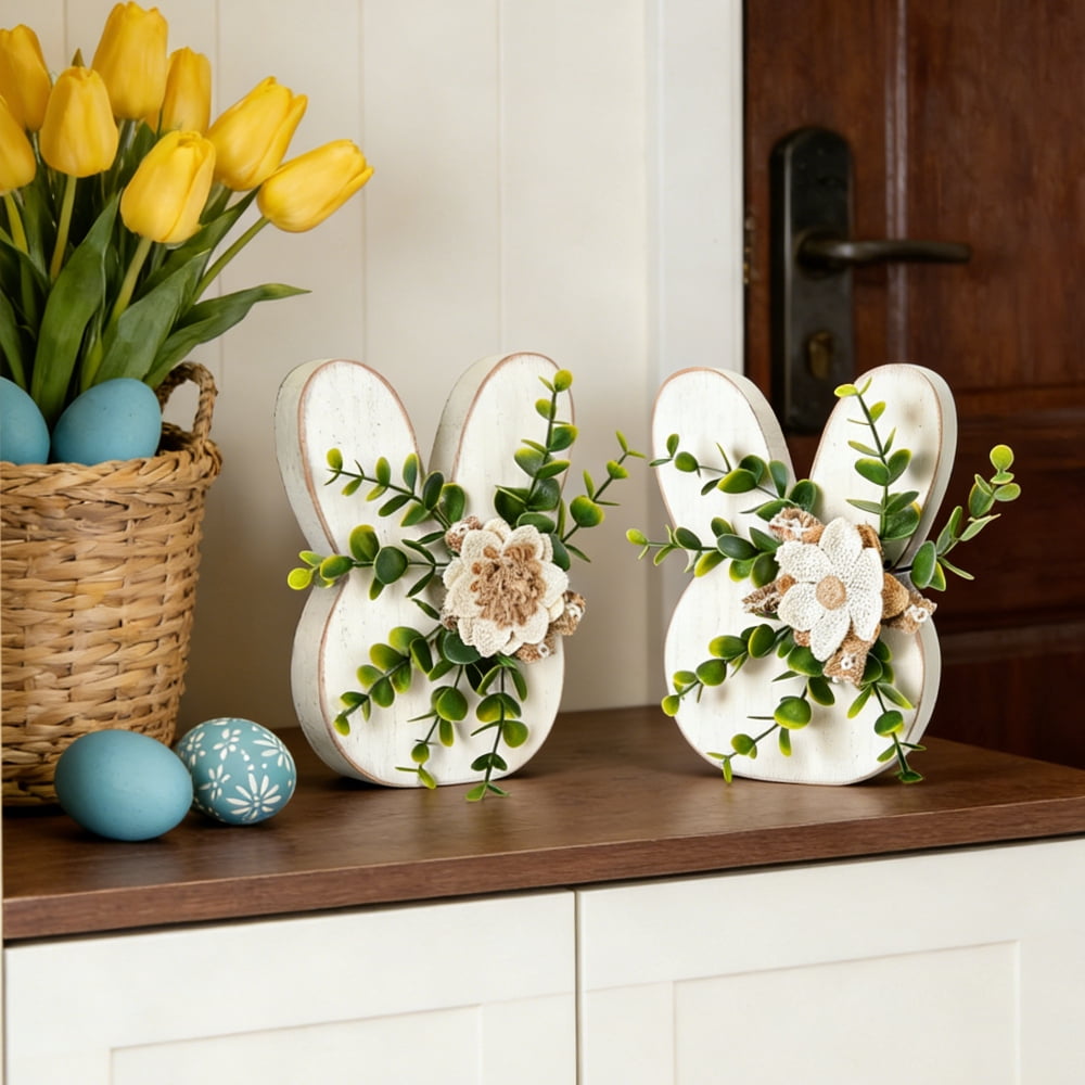 2Pcs Cute Bunny Wooden Decor, Rustic Rabbit Table Signs with Floral ...