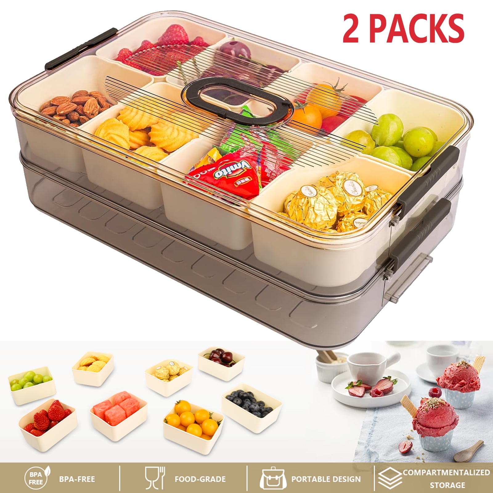 2Pcs Divided Serving Tray with Lid Snackle Box Charcuterie Container 8 ...