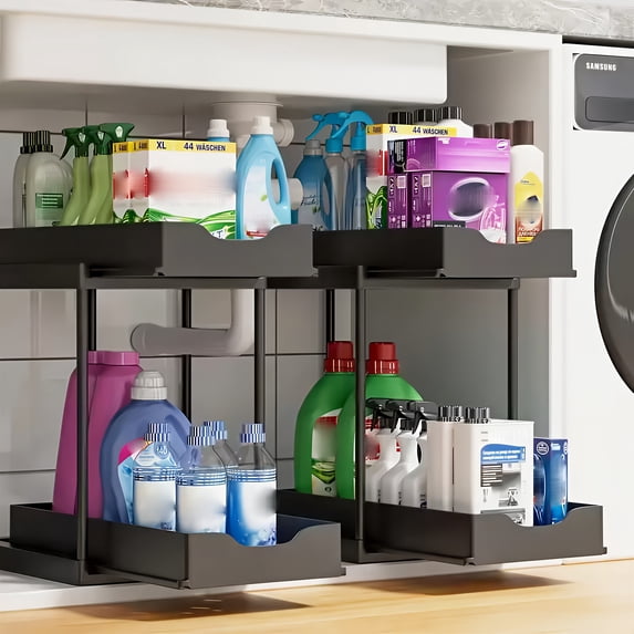 2Pcs Double Layer Sliding Under Sink Storage Rack, Cabinet Organizer ...