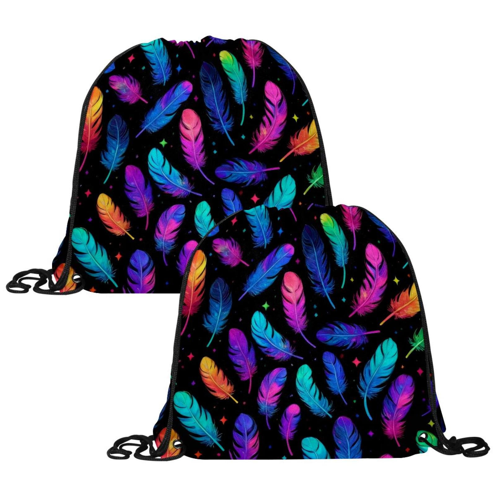 2Pcs Drawstring Backpack, Neon Feathers Gym Sports Bags String Bags ...