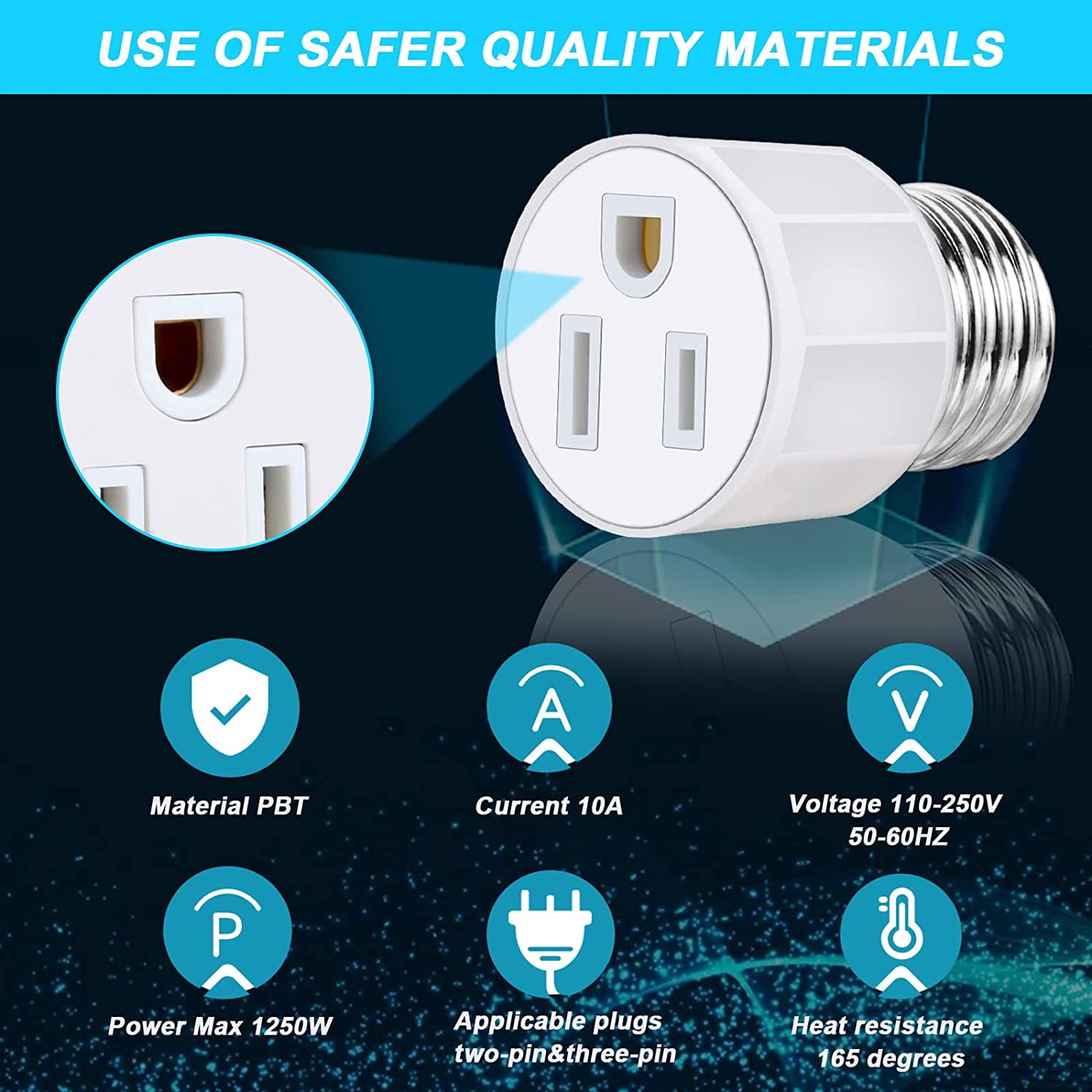 2Pcs E26/E27 3 Prong light socket adapter Outlet, Light Socket to Plug ...