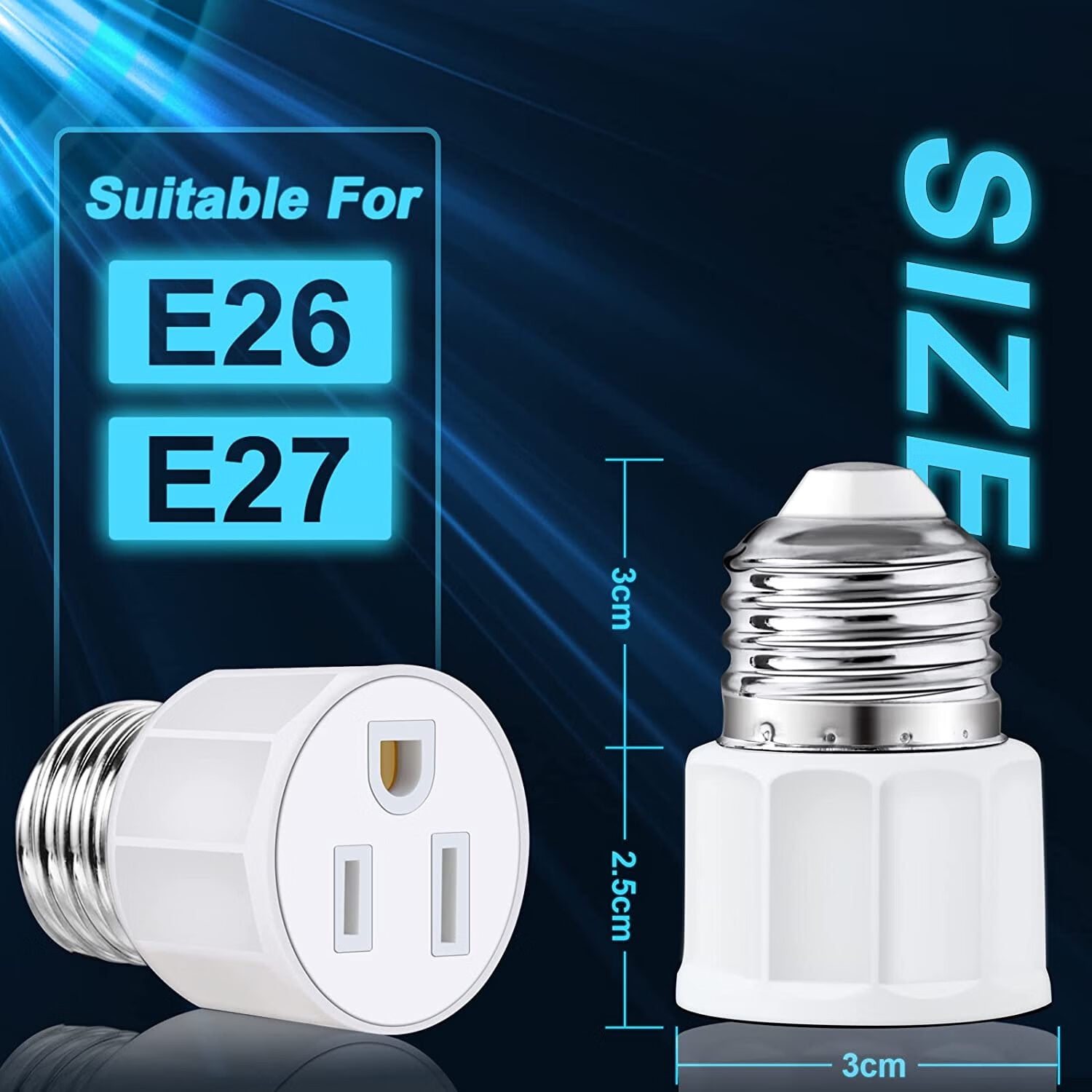 2Pcs E26/E27 3 Prong light socket adapter Outlet, Light Socket to Plug ...