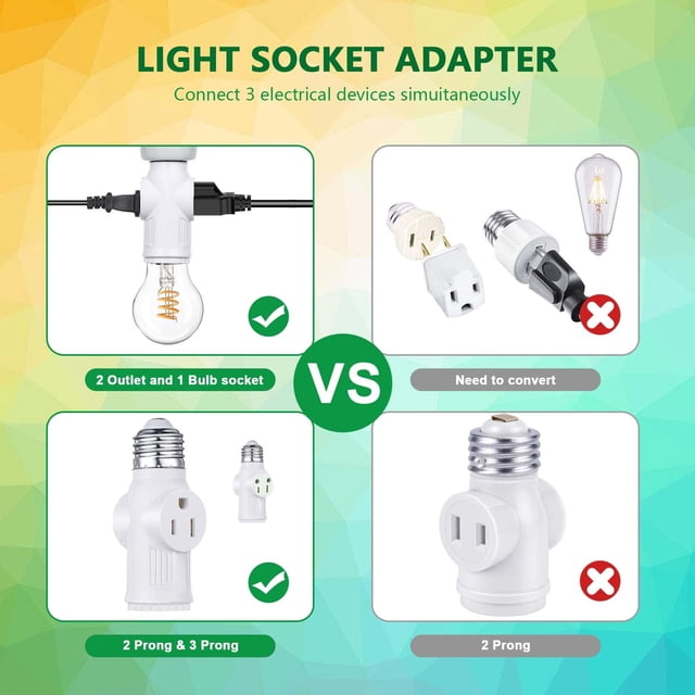 2Pcs E26 Light Socket to Plug Adapter, Plug Adapter, Outlet Plug ...