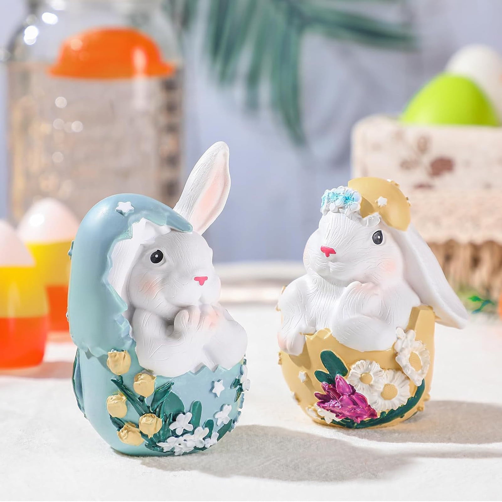 2Pcs Easter Resin Bunny Statue Decorations, Handpainted Multicolor ...
