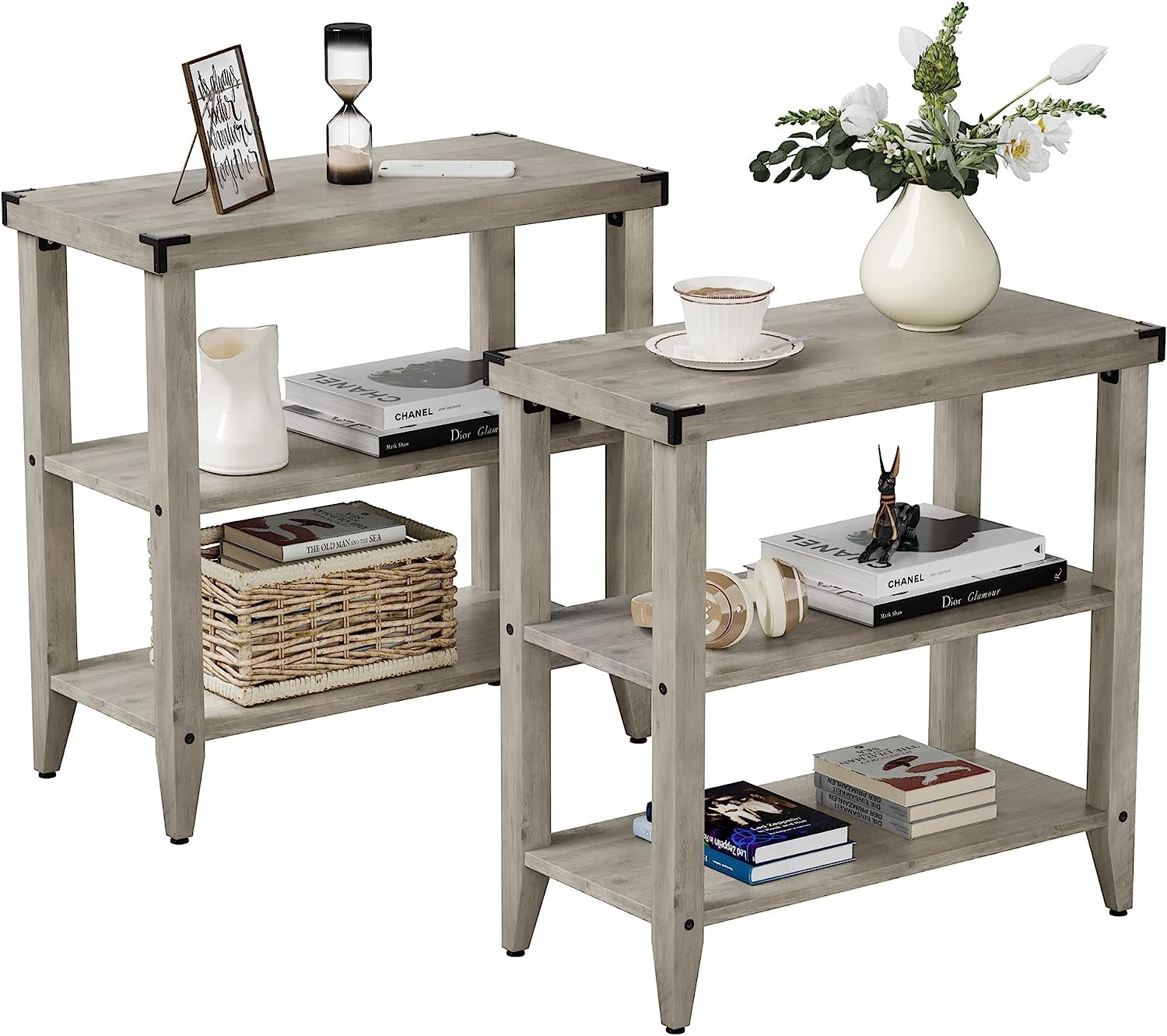 2Pcs End Table Rustic Side Table with Storage Shelf for Small Spaces ...