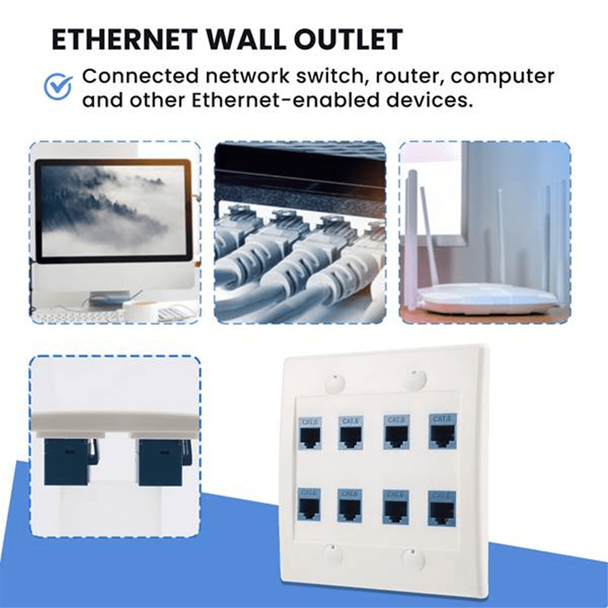 2Pcs Ethernet Wall Plate 8 Port - Double Gang Cat6 RJ45 Jack Network ...