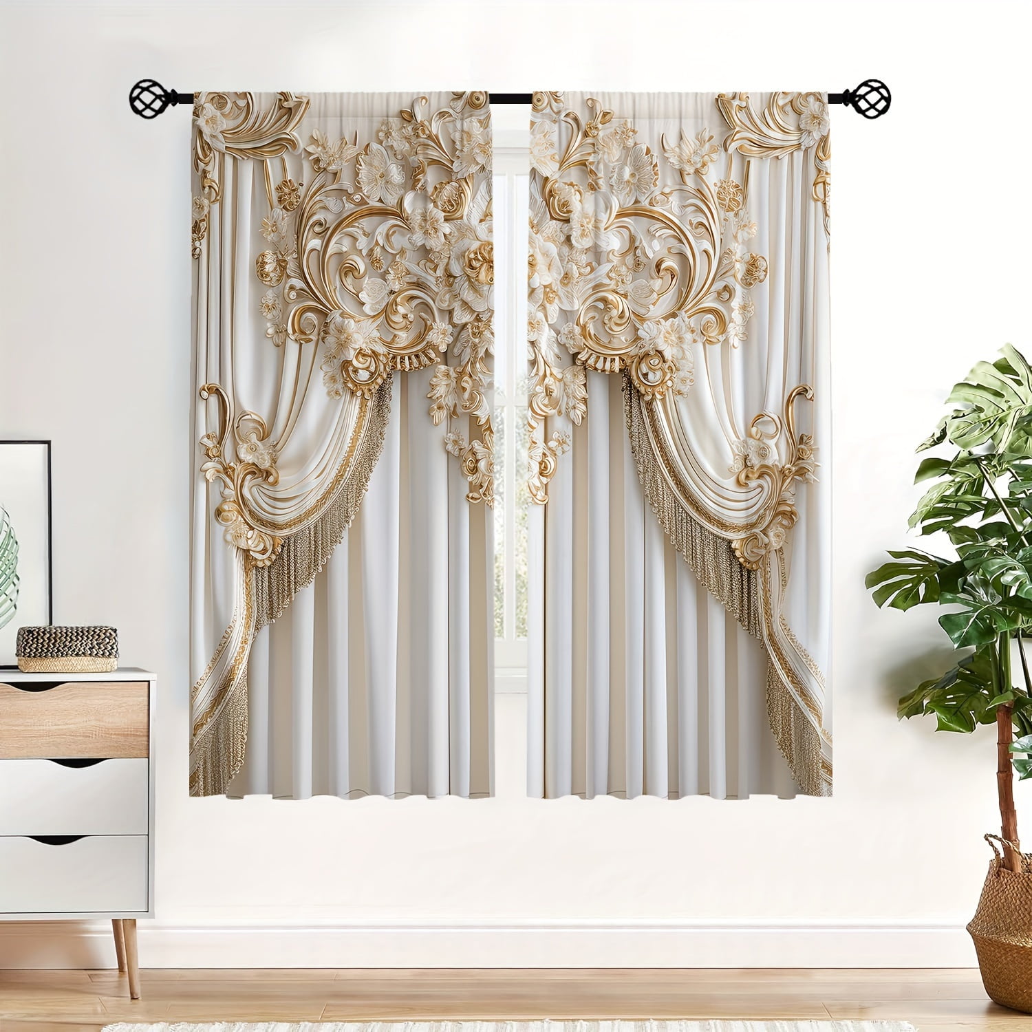 2Pcs European Style 3D Printed Curtains - Light Filtering Three ...