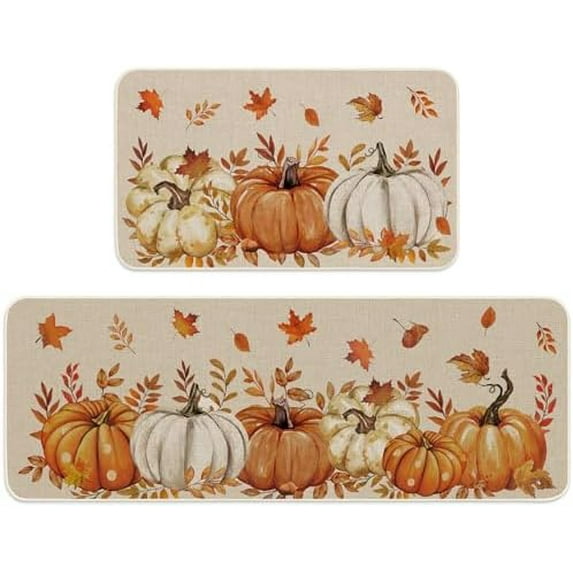 2Pcs Fall Kitchen Mat White Orange Pumpkin Maple Leaves Welcome Floor ...