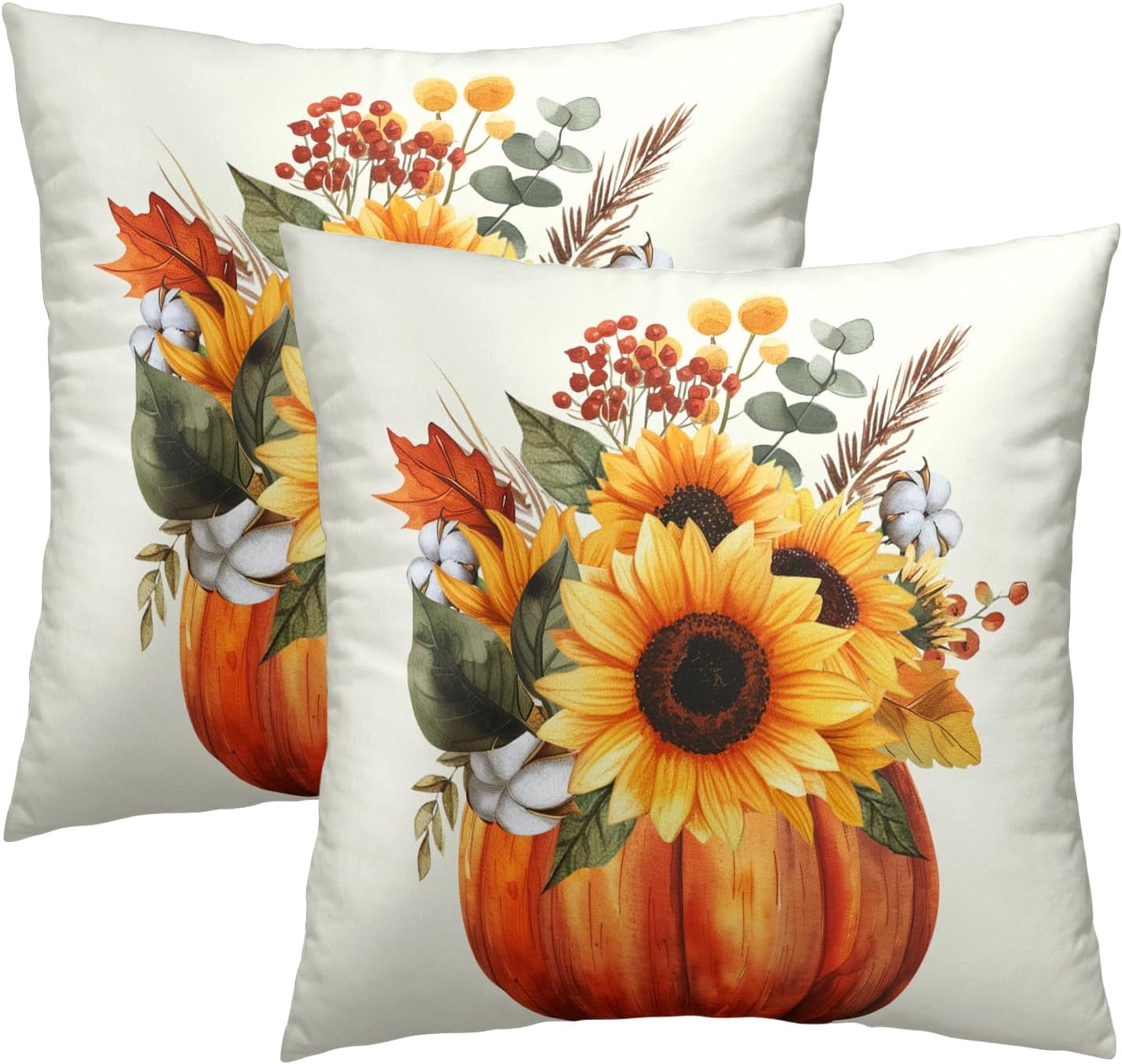 2Pcs Fall Throw Pillow Covers, Pumpkin Sunflower Leaves Autumn Season ...