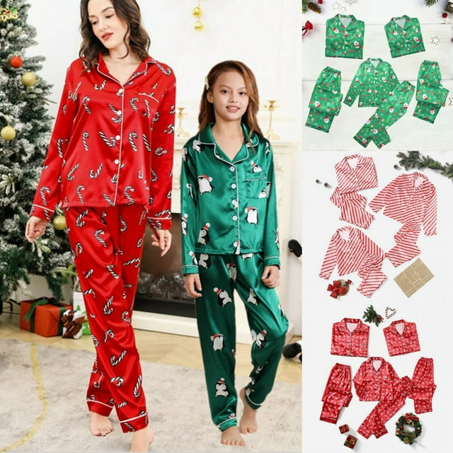 2Pcs Family Matching Christmas Pajamas Sets Silk Satin Clothes Parent ...