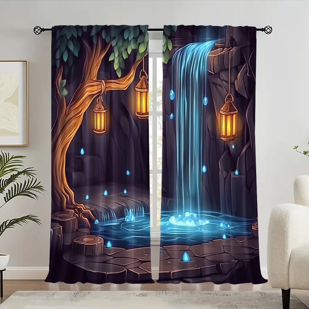 2Pcs Fantasy Windows Curtains Enchanted Forest Cave Waterfall And Magic ...