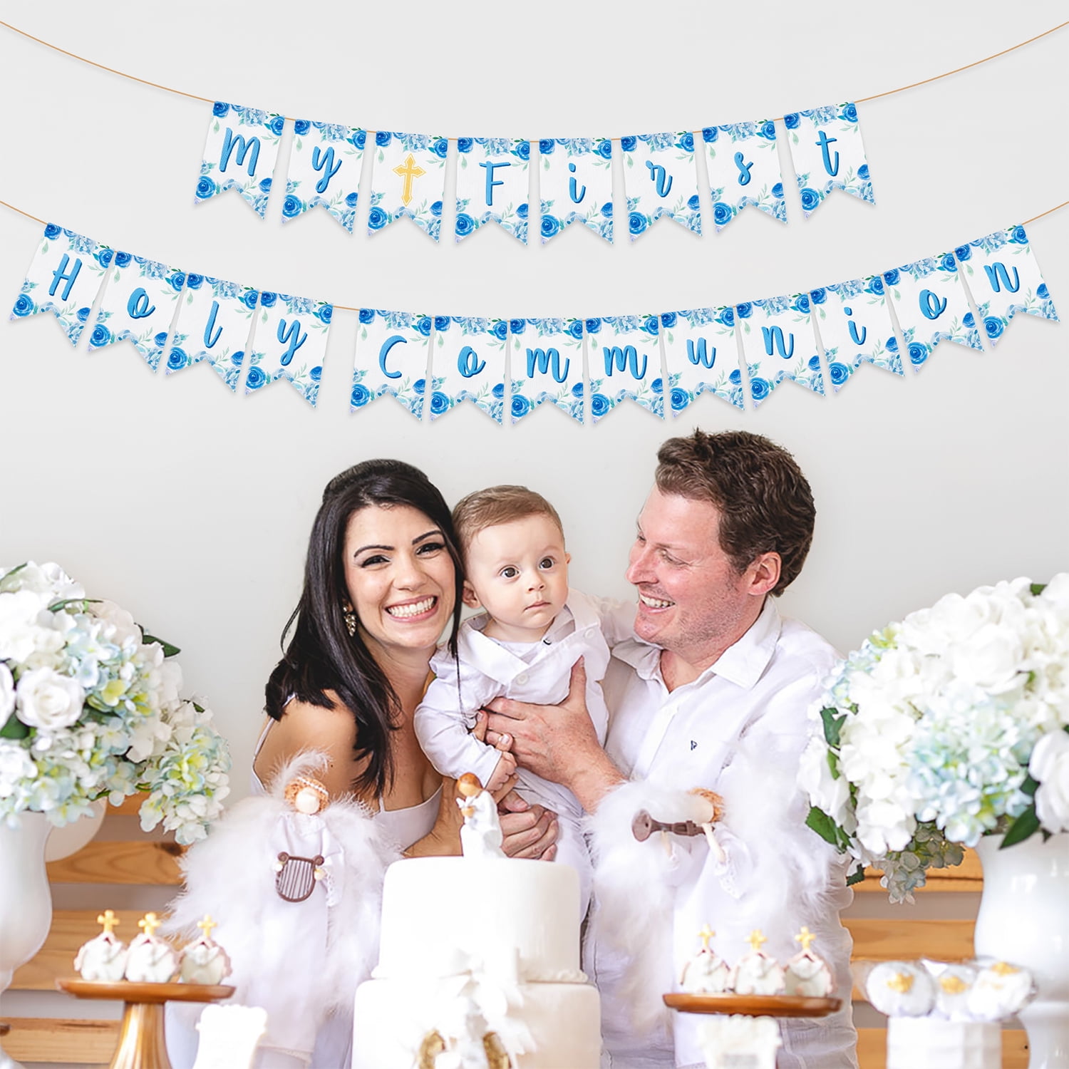 2Pcs My First Holy Communion Banner Gender Reveal Party Decoration,Blue Floral Rose Wall Hanging ...