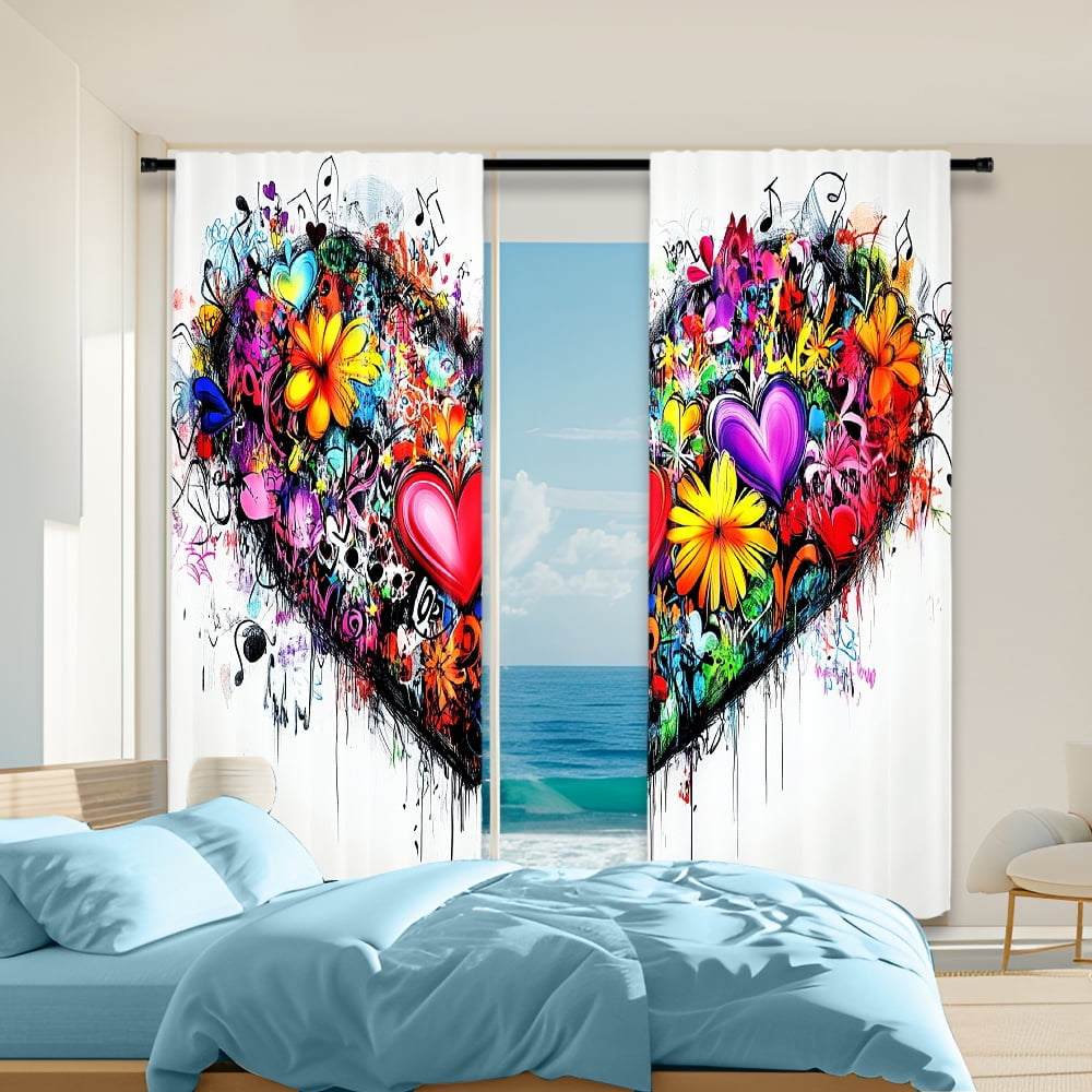 2Pcs Floral And Heart Print Window Curtains Rod Pocket Design For ...